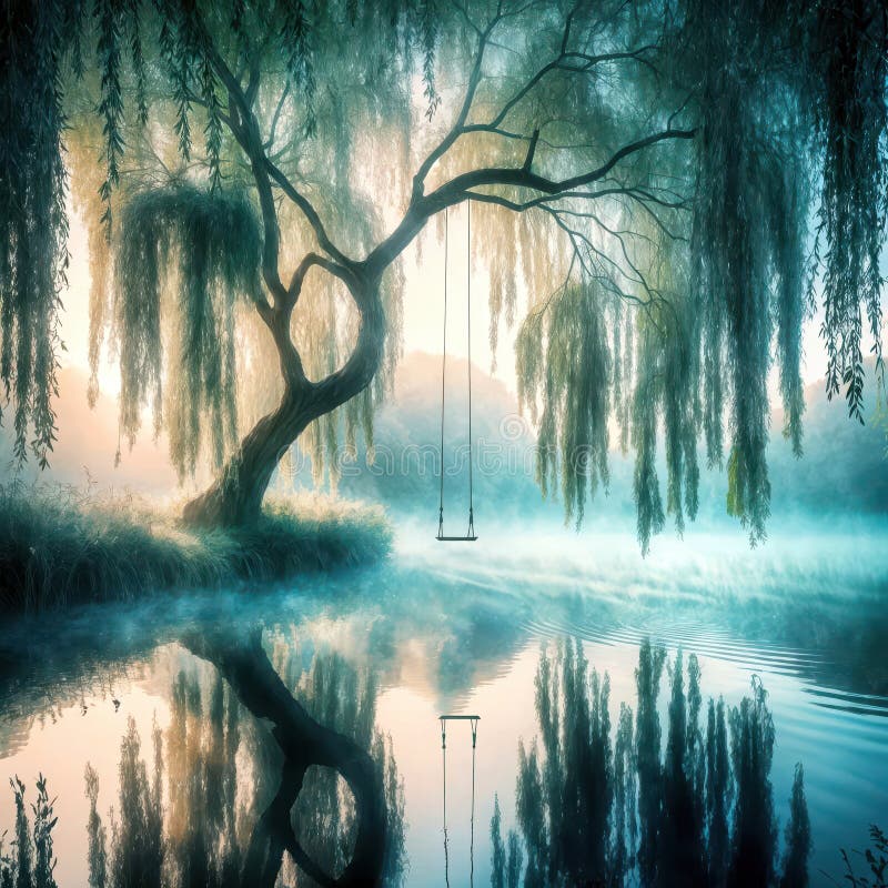 Swing Hanging from a Weeping Willow Tree Stock Illustration ...