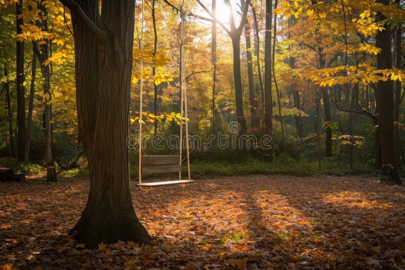 A Swing Hangs in the Center of a Wooded Area, Surrounded by Tall Trees ...