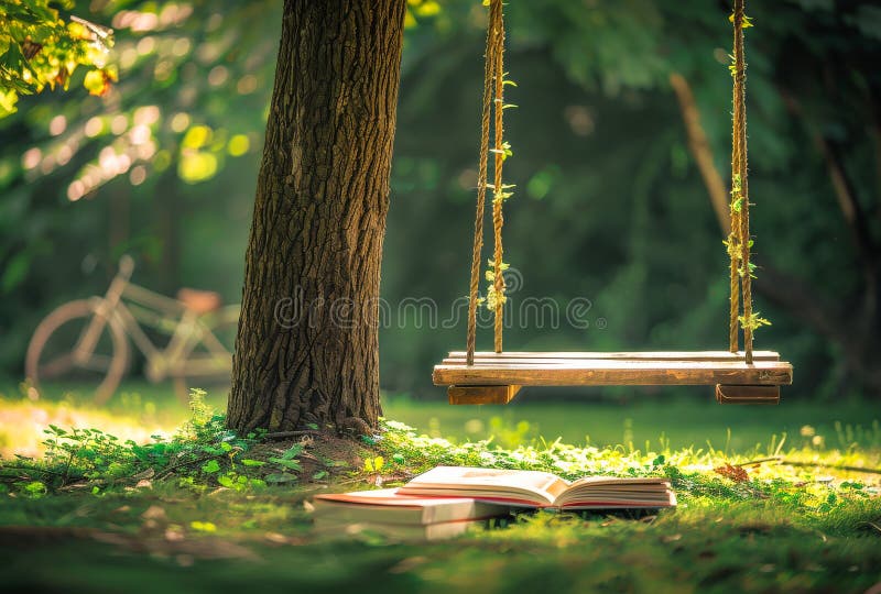Swing. Open Book with Red Ribbon and Wooden Swing in the Park Stock ...