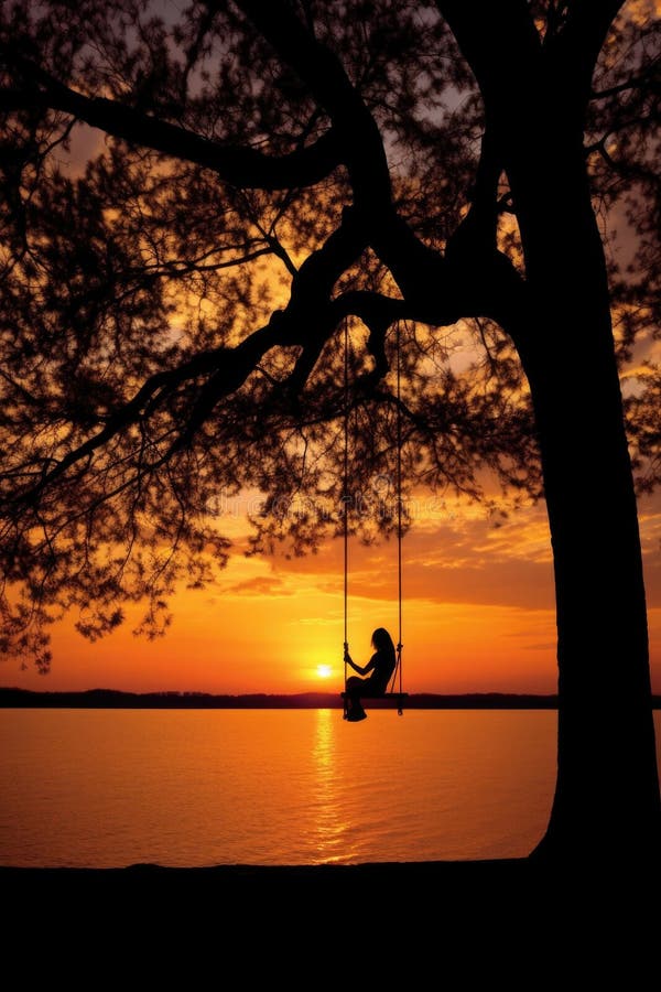 Swing on a Tree during Sunset, Silhouette View Stock Illustration ...