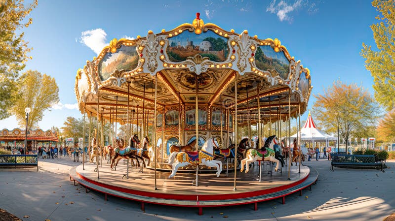 A Swinging Carousel Fair Ride in Amusement Park at Sunset.Generative Ai ...