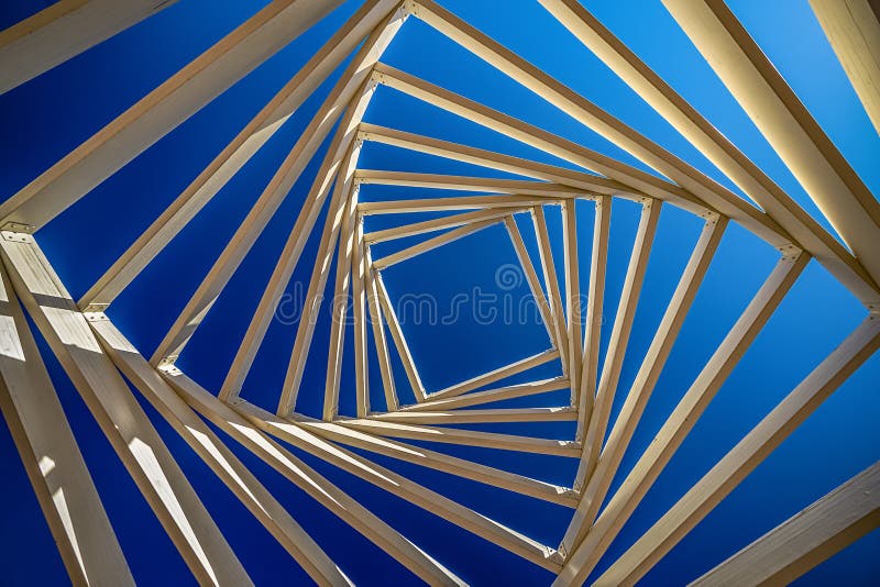 Swirled Ceiling of a Wooden Gazebo on the Background of Blue and Sky ...