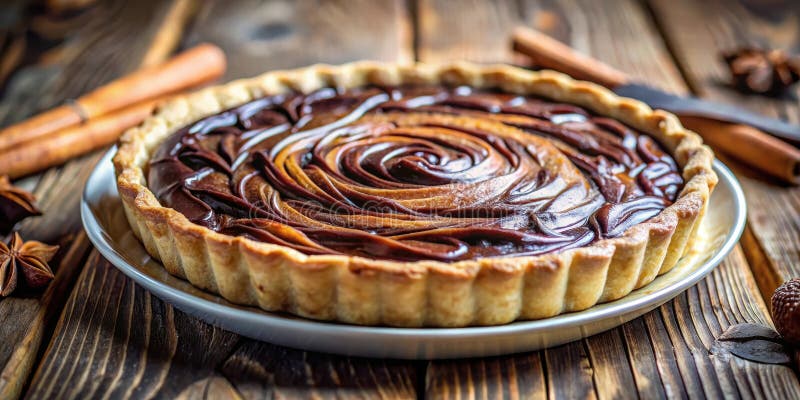 Swirled Chocolate and Caramel Tart on Rustic Wooden Table. Generative ...
