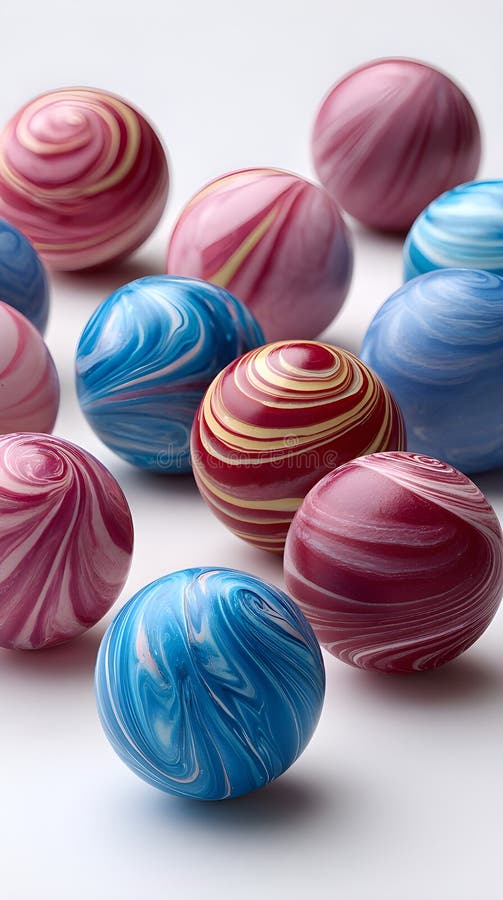 Swirled Marbled Spheres in Blue Pink and Red on White Background Stock ...