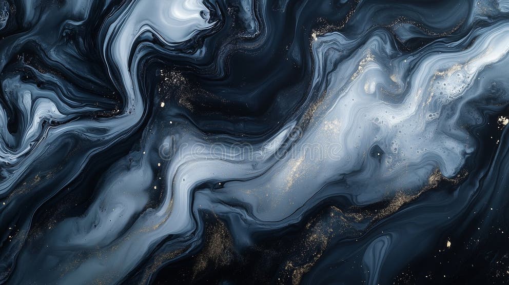 Swirling Abstract Patterns in Dark Tones with Hints of White and Gold Create Visual Depth and ...