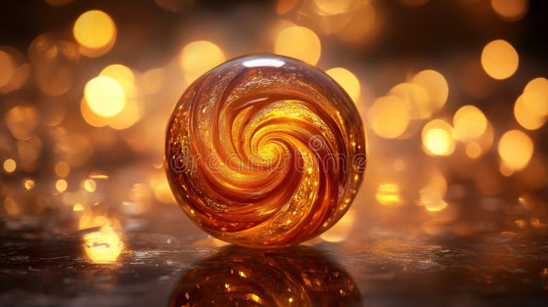 A Swirling Amber Glass Orb Reflecting Golden Lights Stock Illustration ...