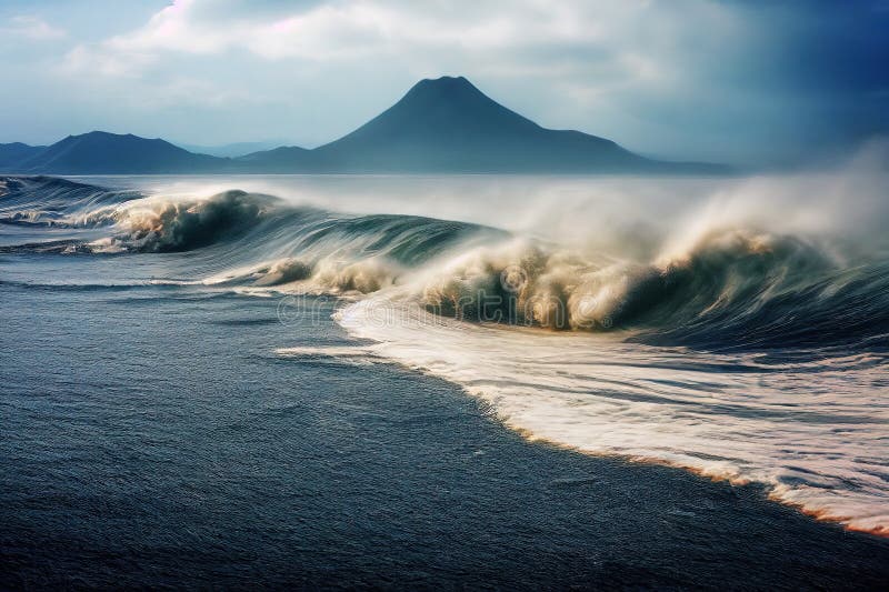 A Swirling Big Wave with Foam during the Wind Against the Backdrop of ...