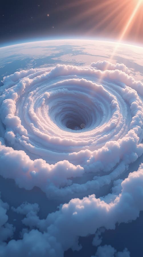 Circular Cloud Formation Above Earth with Sunlight in Space Stock ...