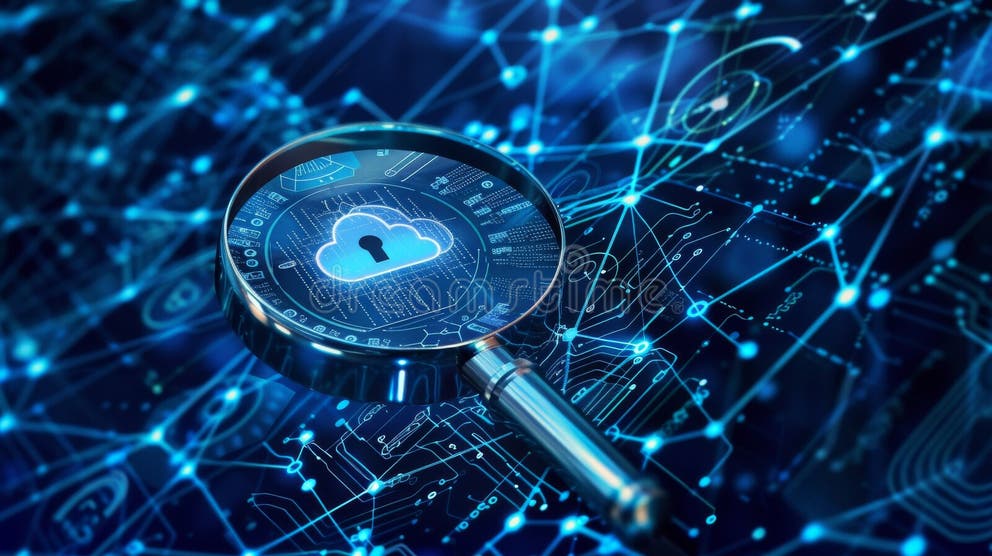 Within Swirling Clouds, a Magnifying Glass Spotlights a Cloud Technology Icon, Which Represents ...