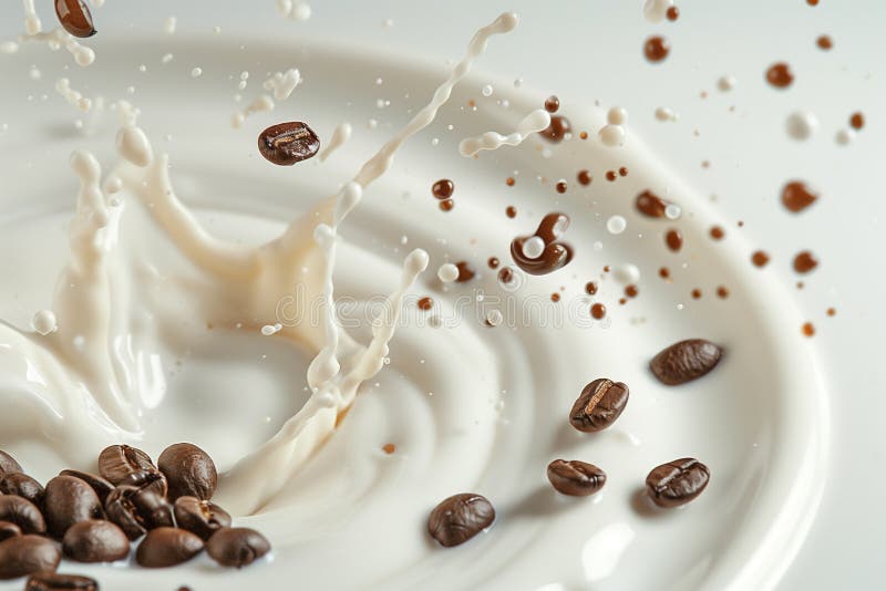 Swirling Coffee Beans and Milk Creating Beautiful Patterns on White ...