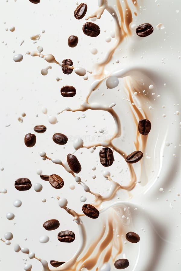 Swirling Coffee Beans and Milk Creating Beautiful Patterns on White ...