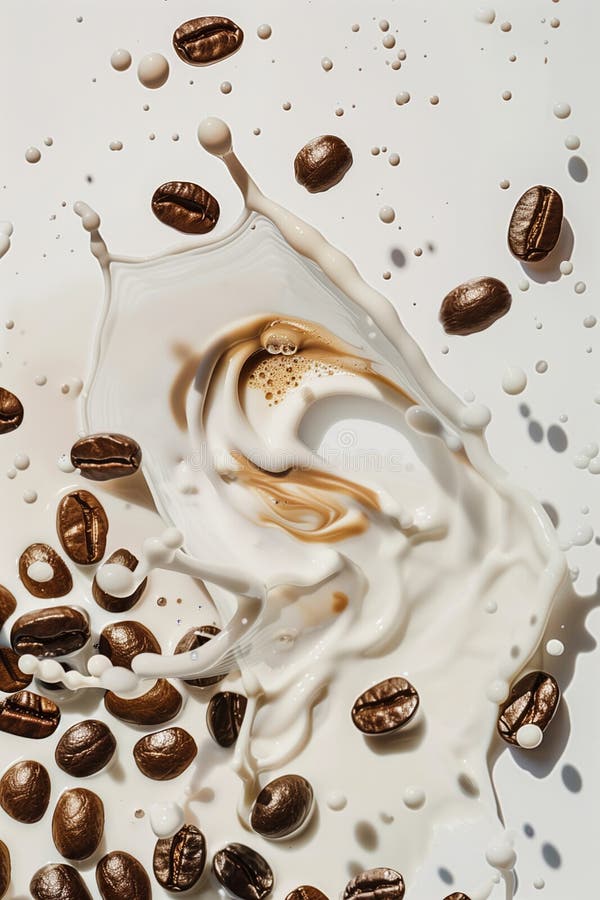 Swirling Coffee Beans and Milk Creating Beautiful Patterns on White ...