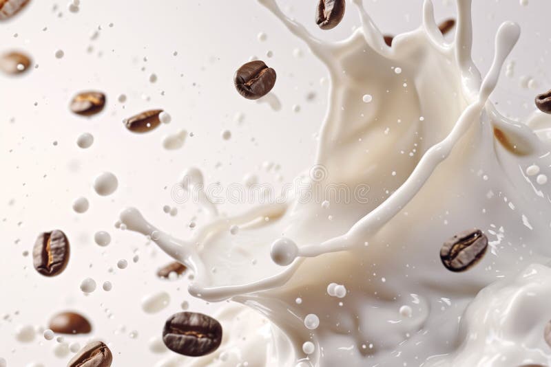 Swirling Coffee Beans and Milk Creating Beautiful Patterns on White ...