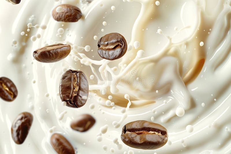 Swirling Coffee Beans and Milk Creating Beautiful Patterns on White ...