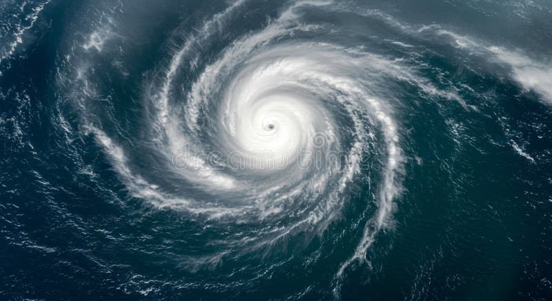 A Swirling Cyclone Over a Vast, Deep Blue Ocean. the Eye is Centered ...