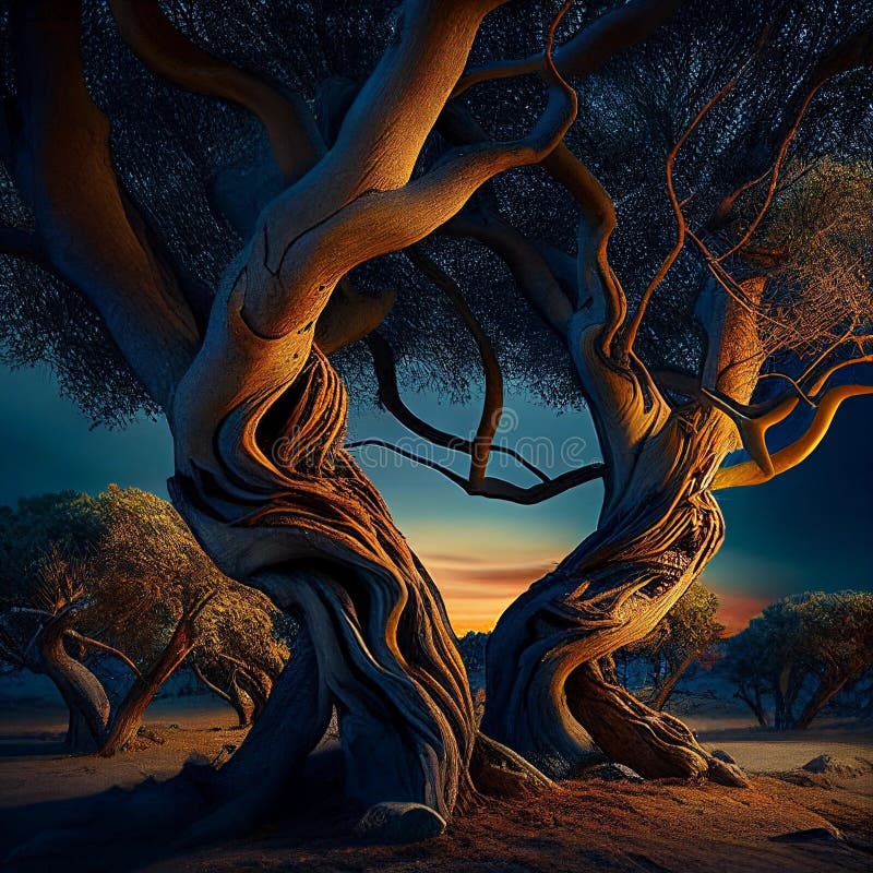 Dancing Mysterious Trees in the Evening Light Stock Illustration ...