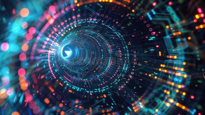 Swirling Data Patterns in Neon Glow, Symbolizing Neural Network Flow on a Dark Background. Big ...