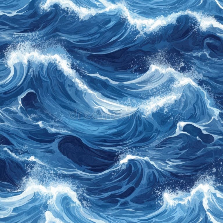 Swirling Deep Blue Ocean Wave Pattern with Foamy Whitecaps and Soft ...
