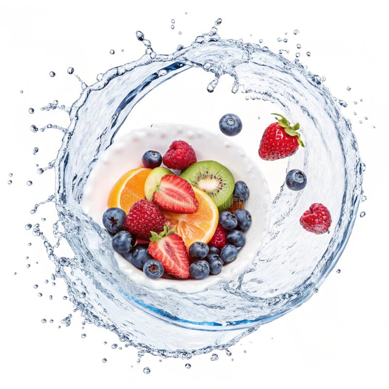 Swirling Water Flow with Fruits Isolated on White Background Stock ...