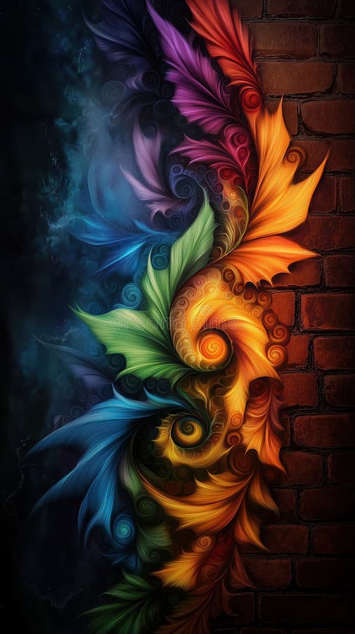 Swirling Fractal Feather Design in Rainbow Spectrum Emerging from Brick ...