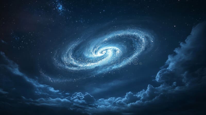 A Swirling Galaxy Against a Night Sky with Clouds Stock Illustration ...