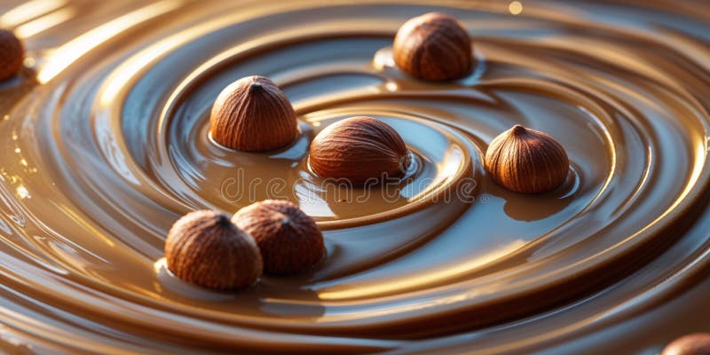 Swirling Melted Chocolate with Whole Hazelnuts and Smooth Texture Stock ...