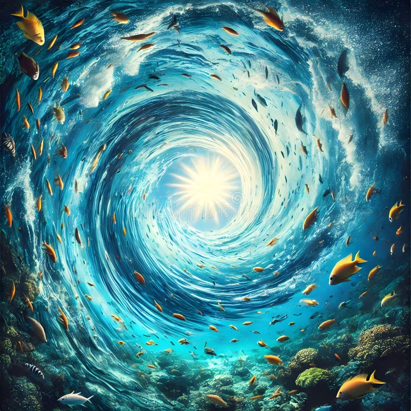 Swirling Ocean Wave Creating a Vortex with Tropical Fish and Coral Reef ...