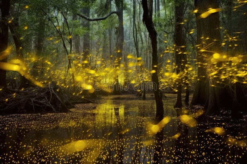 Swirling Pattern of Fireflies Reflecting on Swamp Surface Stock ...