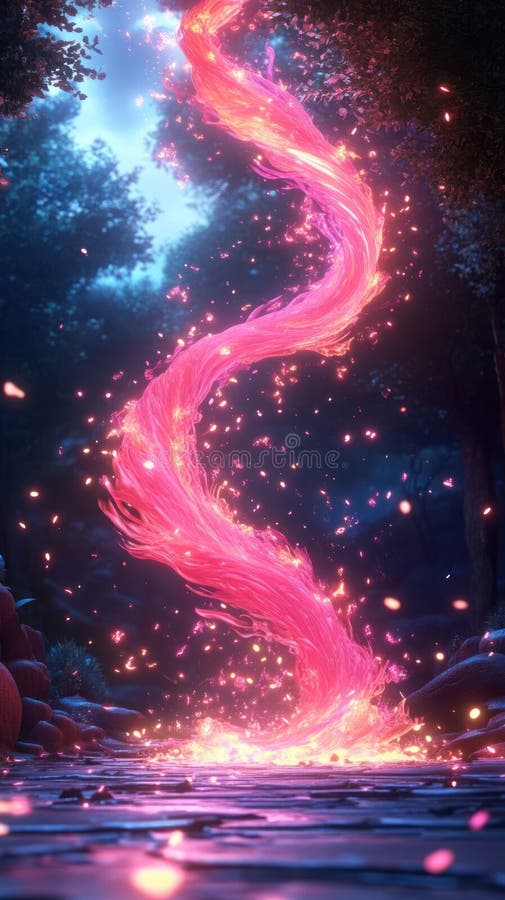 A Swirling Pink Light Emanates from the Ground in a Mystical Forest ...