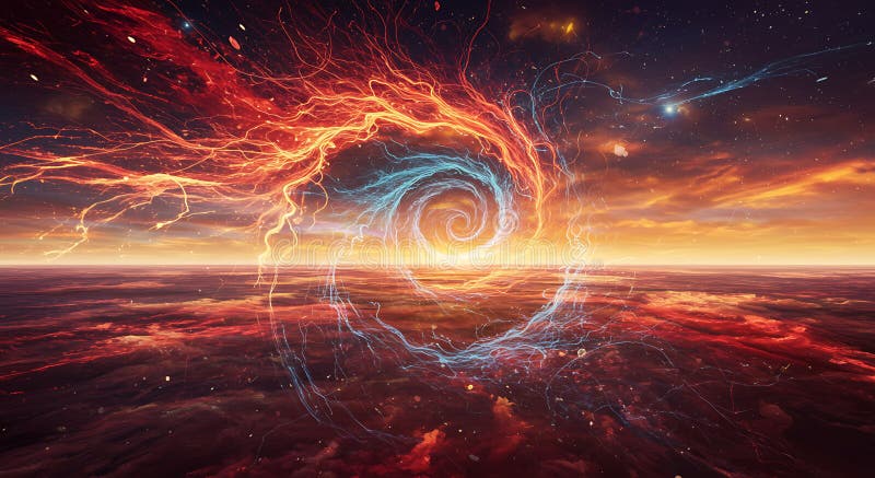 Swirling Red and Blue Energy Forms a Cosmic Vortex Against a Dramatic ...