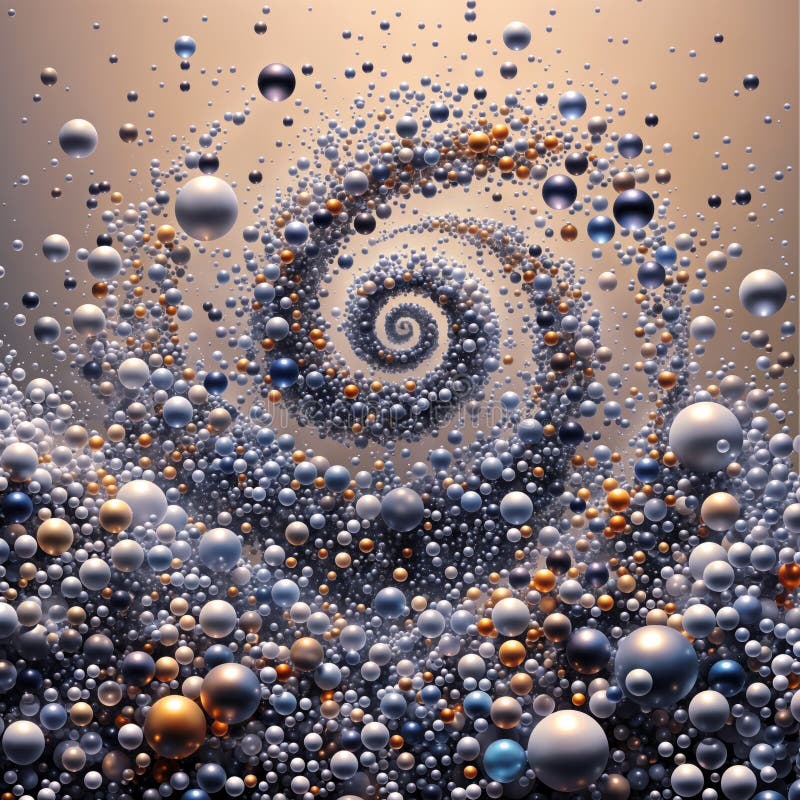 Swirling Spiral of Silver, Gold, and Copper Spheres Creating an ...
