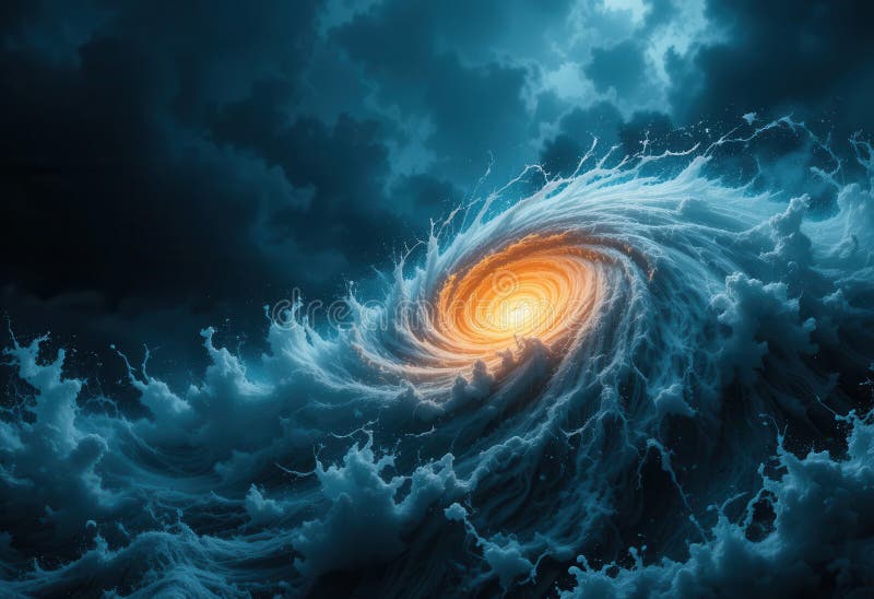 Swirling Storm Waves Illuminated by an Orange Glow at Night Stock Image ...