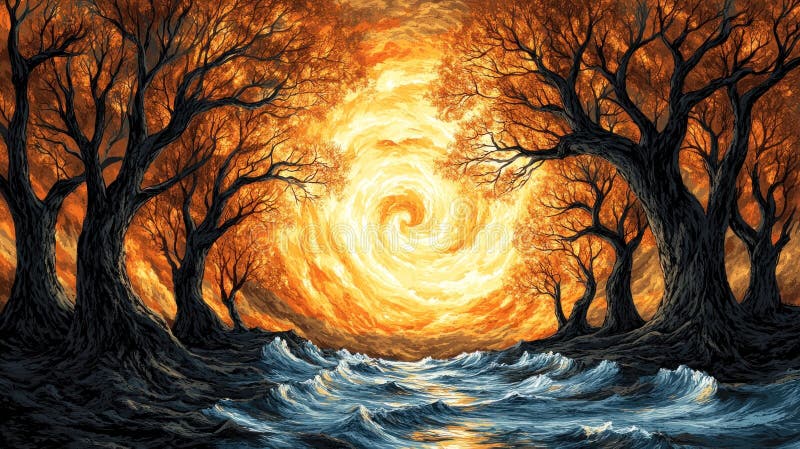 A Swirling Sunset Illuminates a Forest with Twisted Trees beside ...