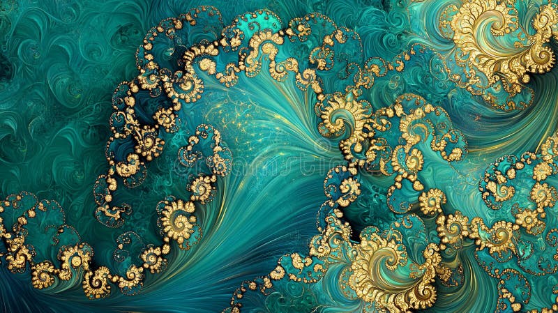 Swirling Turquoise and Gold Fractal with Leaf-like Details Creates a ...