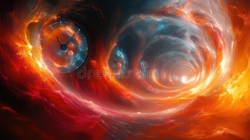 A Swirling Vortex of Fiery Clouds with a Clock Face in the Foreground ...