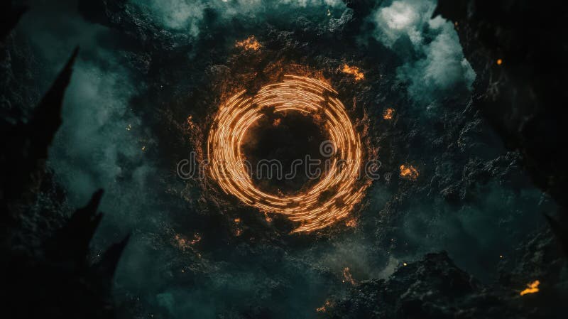 A Swirling Vortex of Fire Surrounded by Dark Rocky Formations and Smoke ...