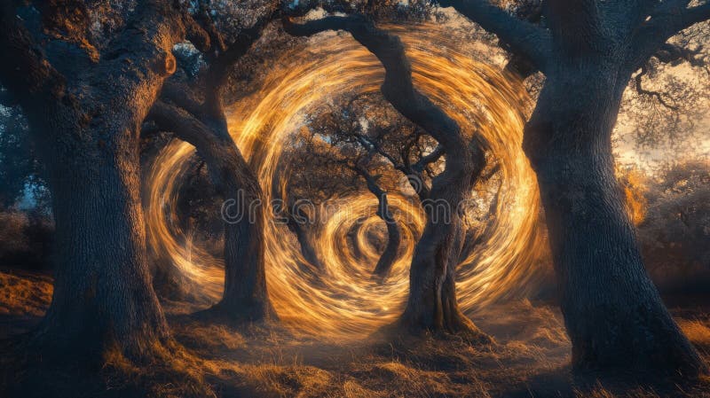 A Swirling Vortex of Light Surrounds Ancient Trees in a Forest Stock ...