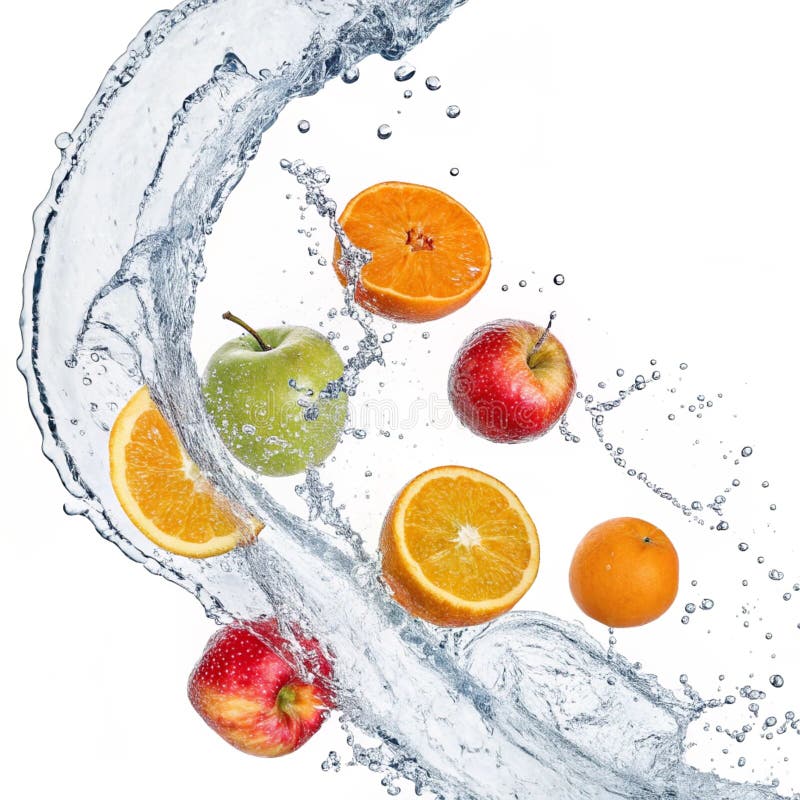 Swirling Water Flow with Fruits Isolated on White Background Stock ...