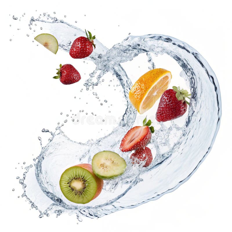 Swirling Water Flow with Fruits Isolated on White Background Stock ...