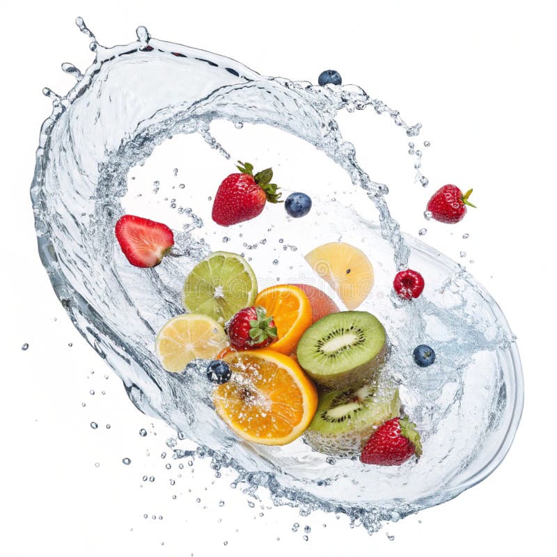 Swirling Water Flow with Fruits Isolated on White Background Stock ...