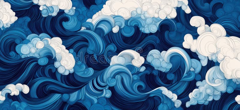 Swirling Waves and Clouds in Blue and White Tones, Abstract Oceanic ...