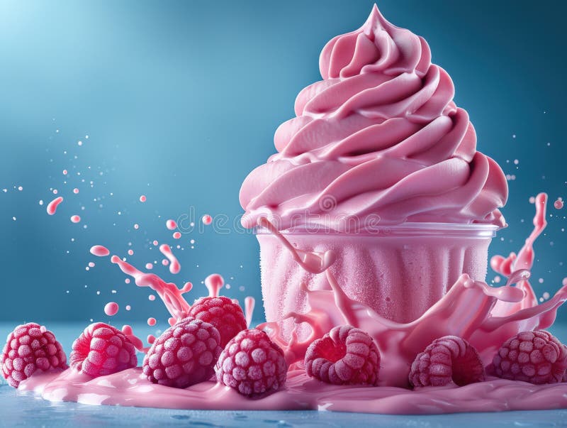 Swirls of Raspberry Frozen Dessert with Splashes and Fresh Raspberries ...