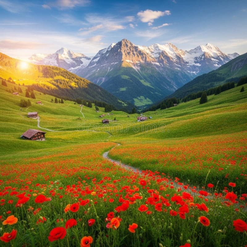 Swiss Alpine Poppy Fields at Sunset AI-GENERATED Stock Photo - Image of ...