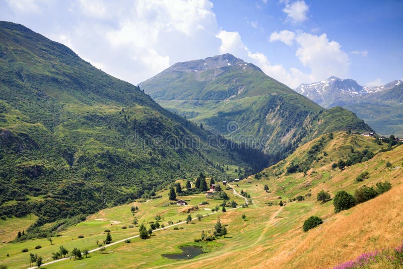 Swiss alpine valley stock image. Image of landscape, hills - 61690343