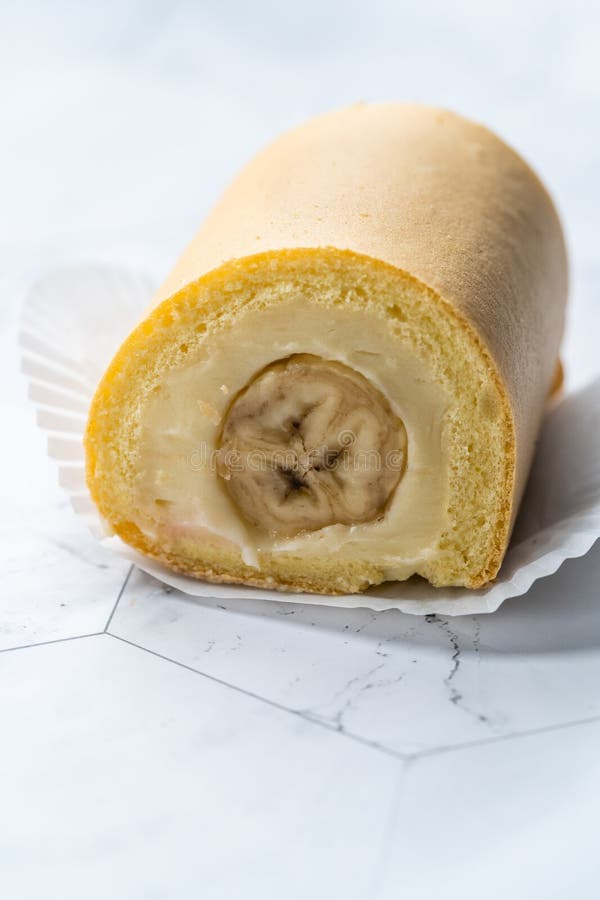 Swiss Banana Roll Cake Sponge Rolled Or Roulade Cake Ready To Eat Stock Image Image Of Icing