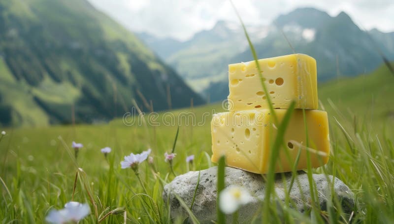 Swiss Cheese Blocks on Alpine Meadow with Mountain Backdrop Under Blue ...