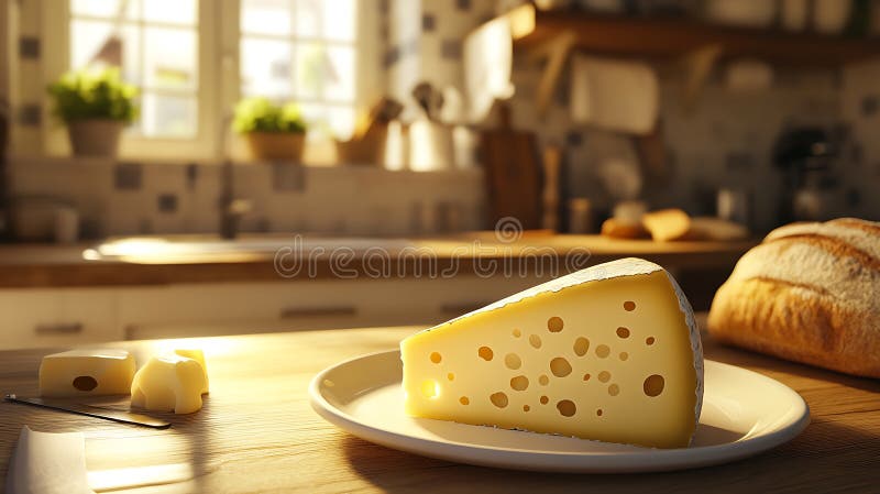 Swiss Cheese on a Plate in a Bright Kitchen Setting Stock Illustration ...