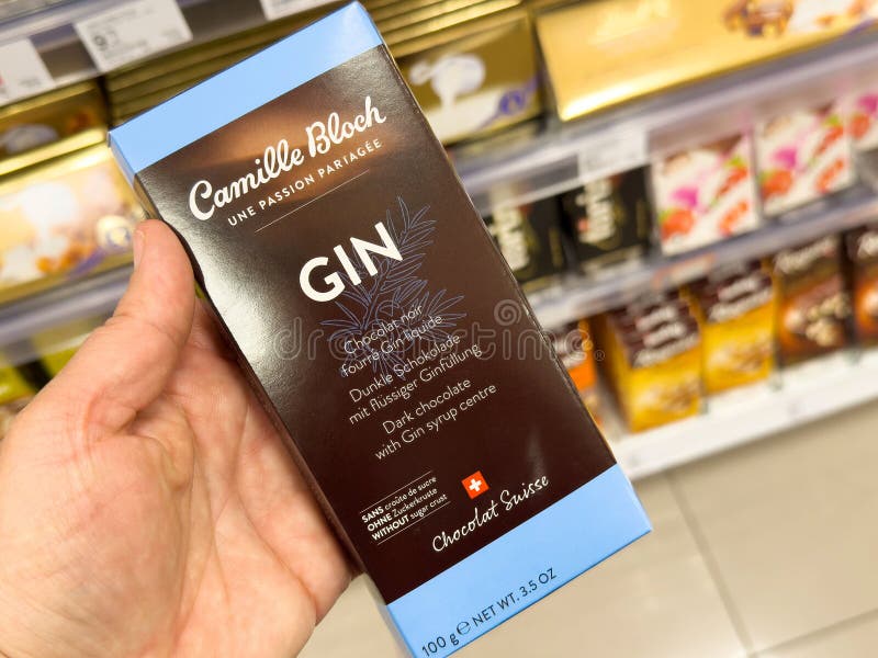 Swiss Dark Chocolate Bar with Gin Syrup on Store Shelf Editorial Stock ...