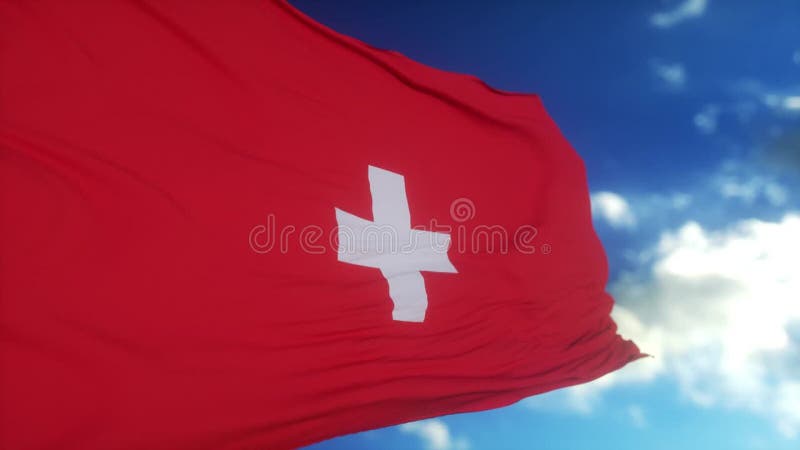 Swiss Flag on Flagpole. Switzerland Flag Fluttering in the Wind Stock ...