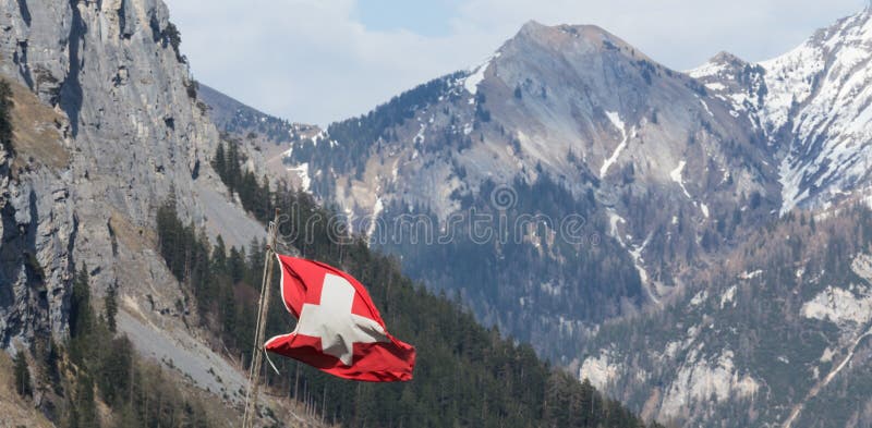 Swiss flag in the Alps stock photo. Image of valley, mountainside - 6853004